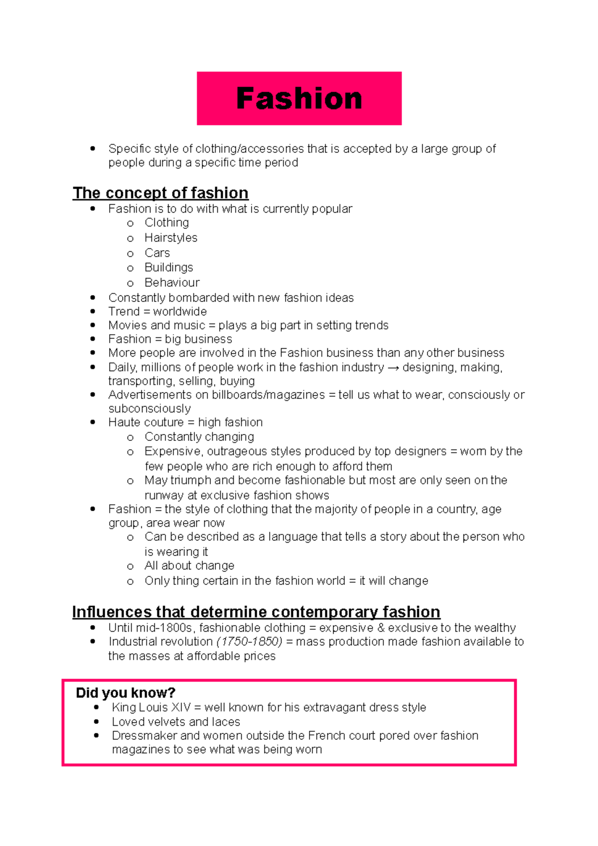 Fashion Grade 12 Consumer Studies Notes - Specific style of clothing ...