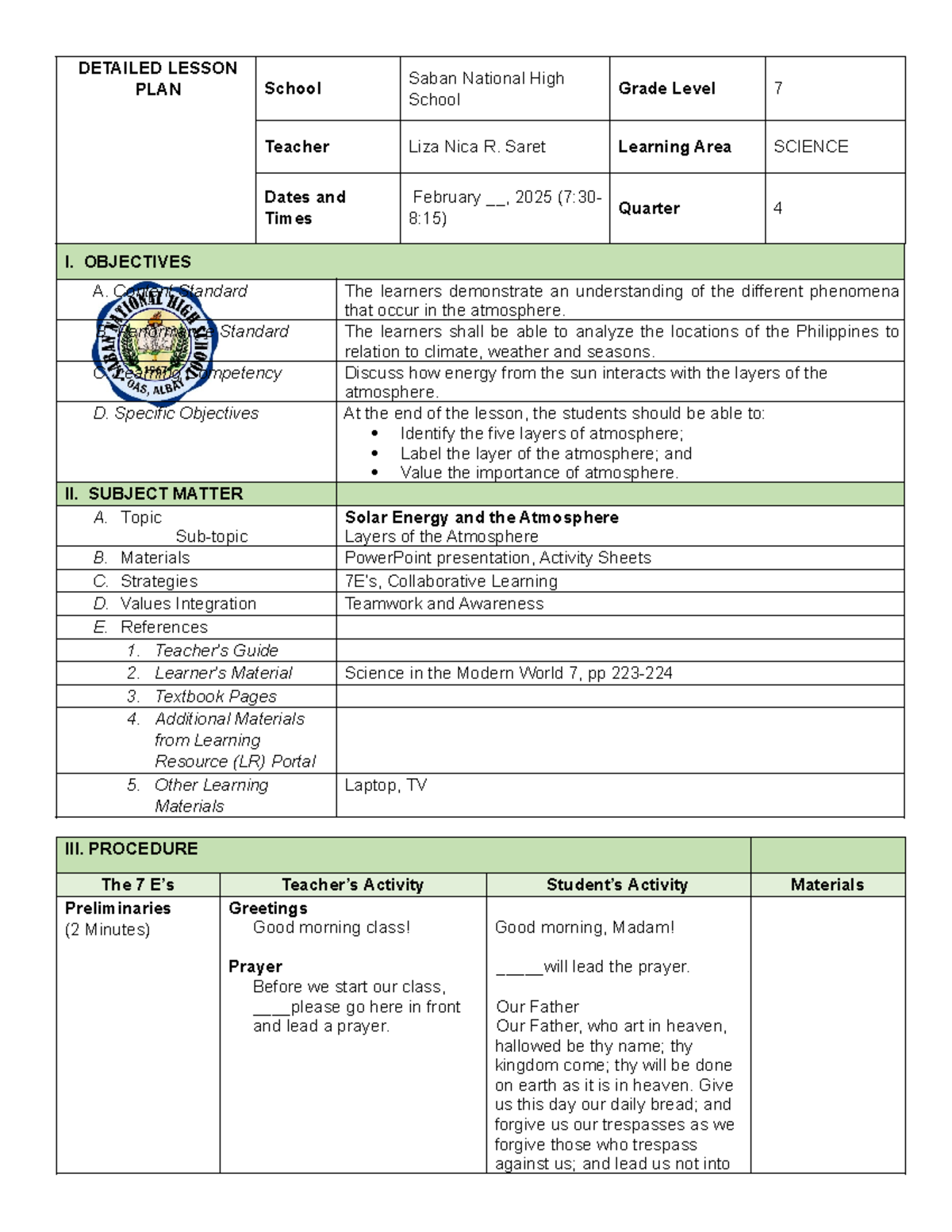 Detailed Lesson Plan: Science 7 - Earth's Atmosphere and Energy - Studocu