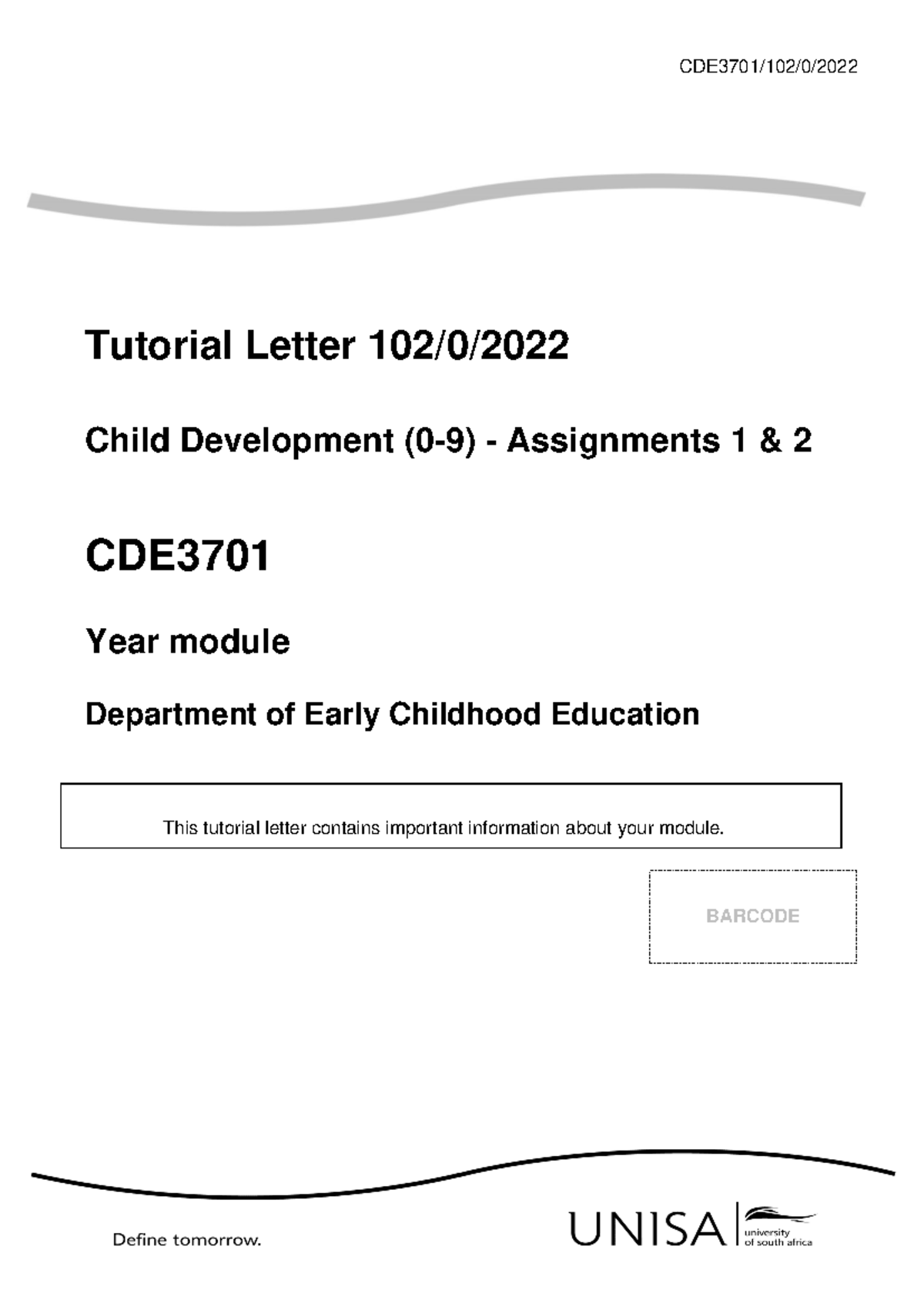 CDE 3701 - Tutorial Letter 102/0: Child Development Assignments Guide ...