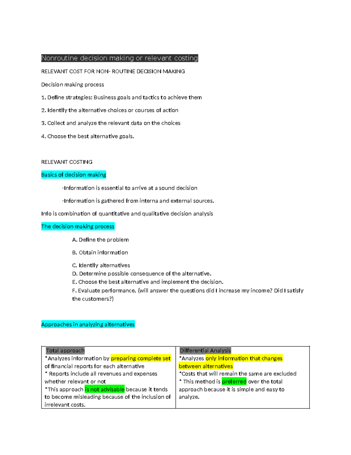 Nonroutine Decision Making & Relevant Costing Strategies - Studocu