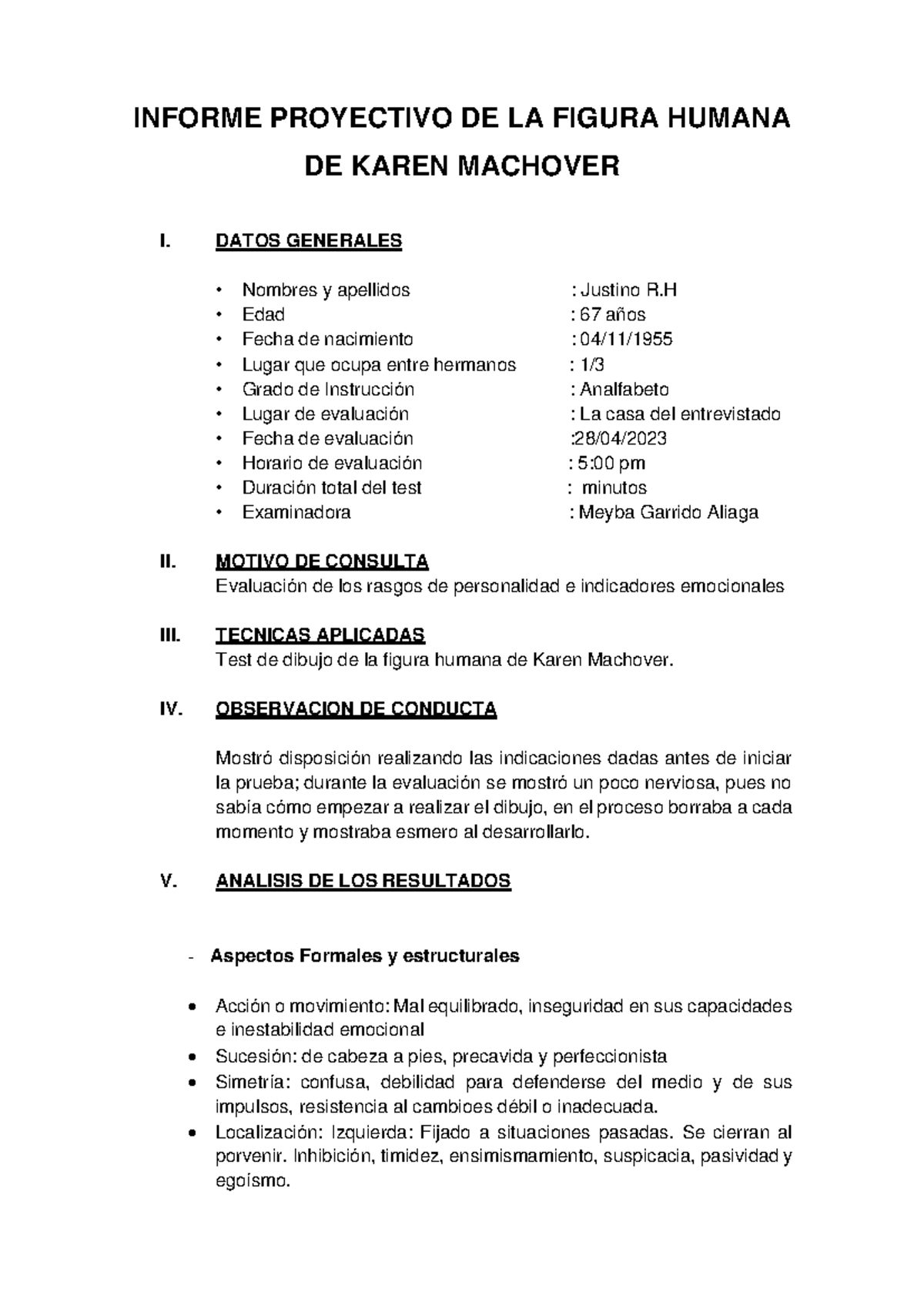 Informe Proyectivo de la Figura Humana - Test de Machover - Studocu
