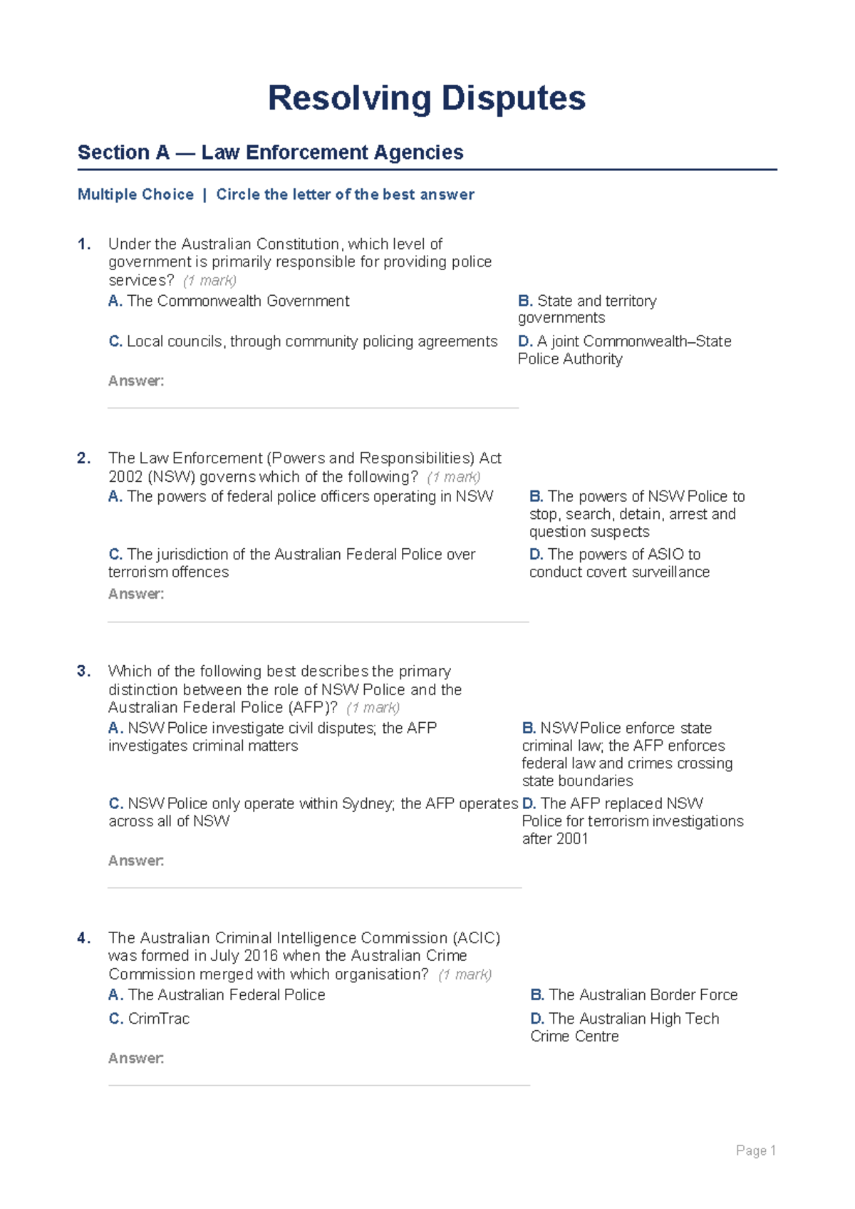 Ch7 Resolving Disputes MCQs & Short Answers - Law Enforcement Agencies ...