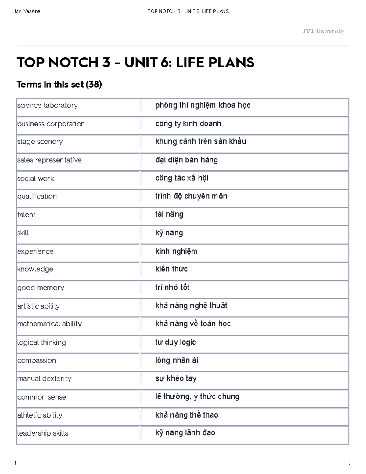 Top Notch 3 - Unit 6 Vocabulary List: Life Plans Terms - Studocu