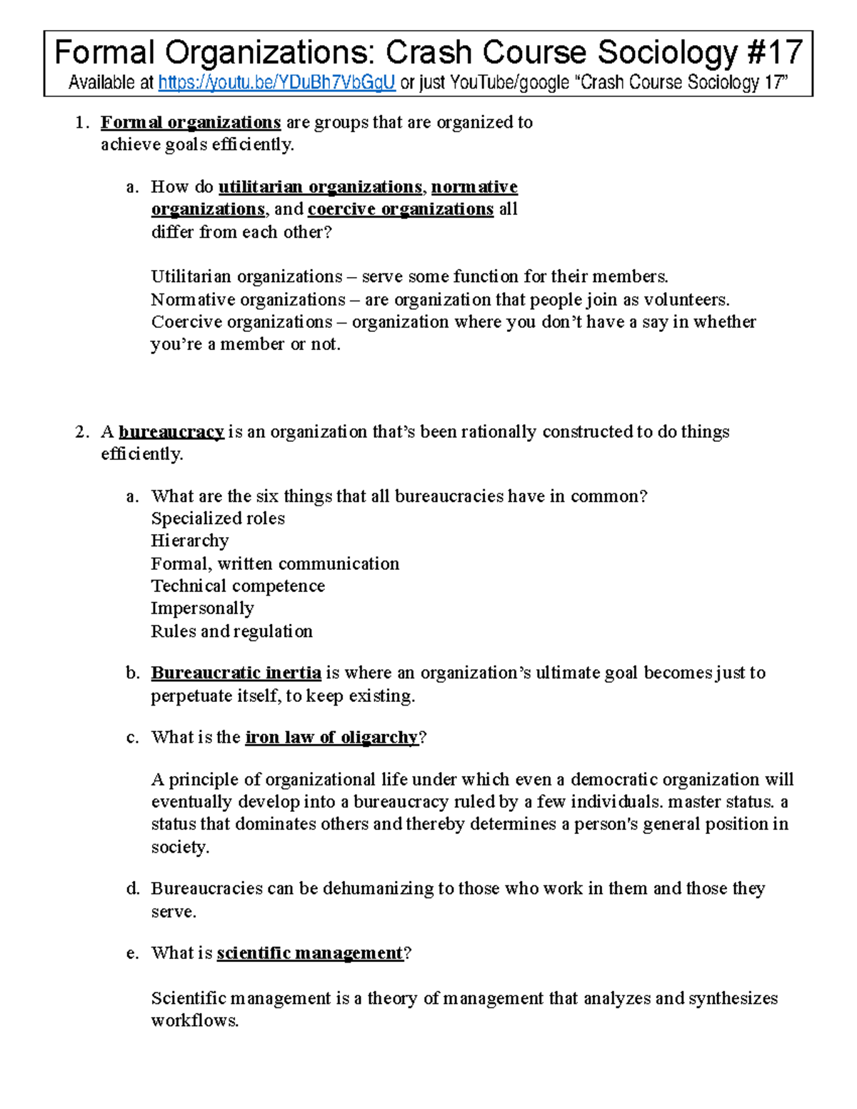 Sociology 17: Formal Organizations in Crash Course Sociology - Studocu