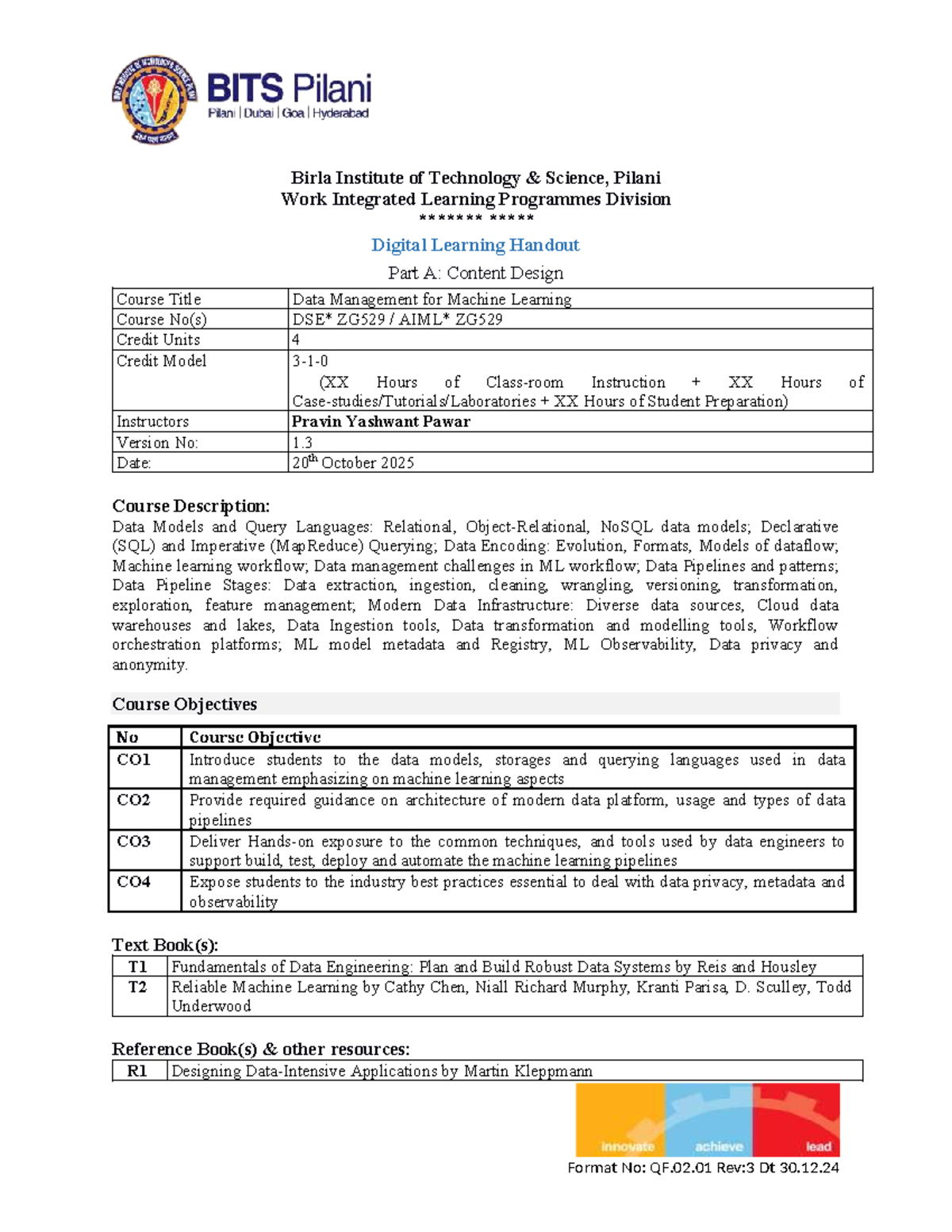 Data Management for Machine Learning - ZG529 Course Notes - Studocu