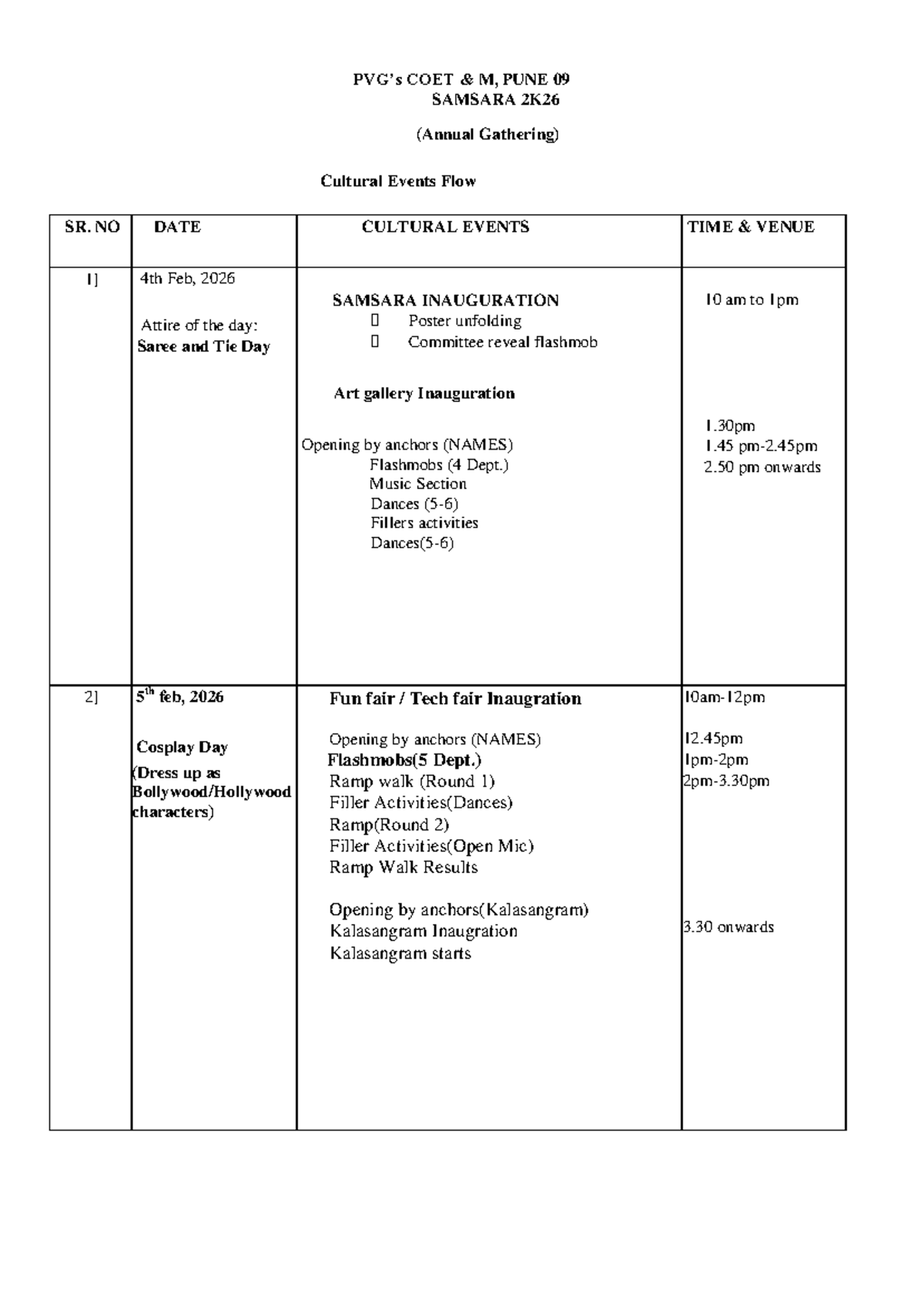 COET M, PUNE 09 SAMSARA 2K26 Cultural Events Schedule - Studocu