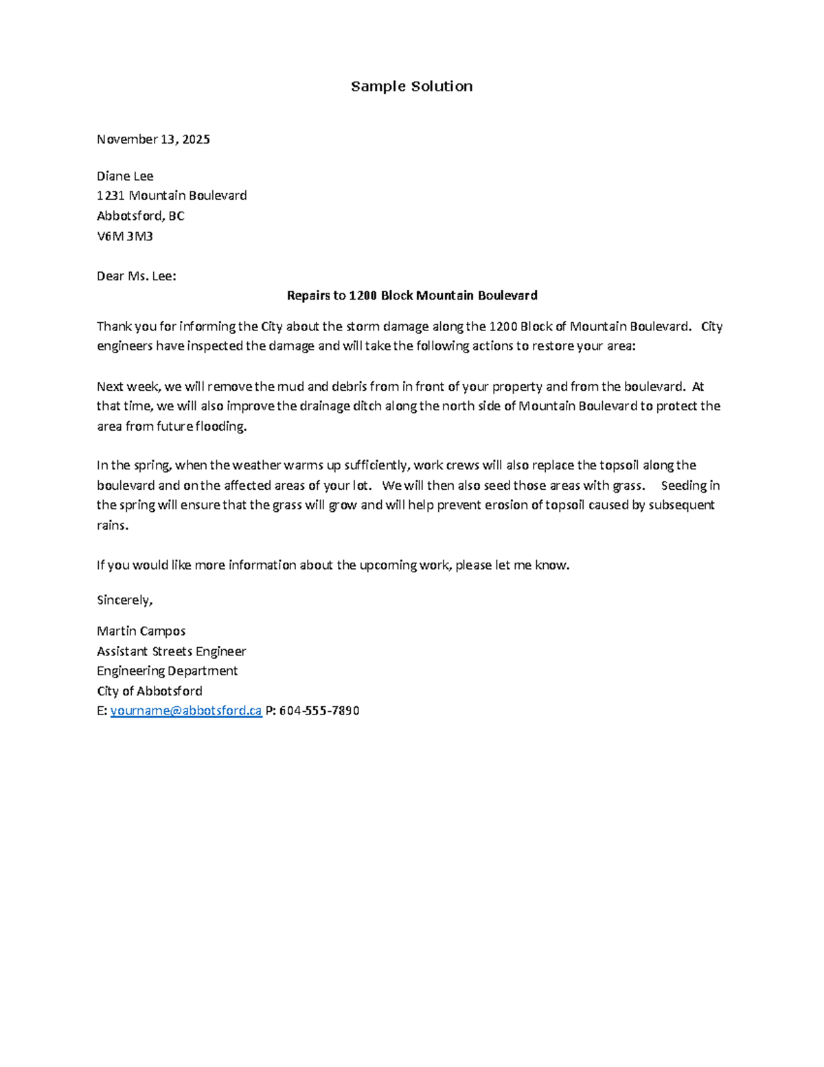 Letter Exercise - Sample Solution for Repairs on Mountain Blvd - Studocu