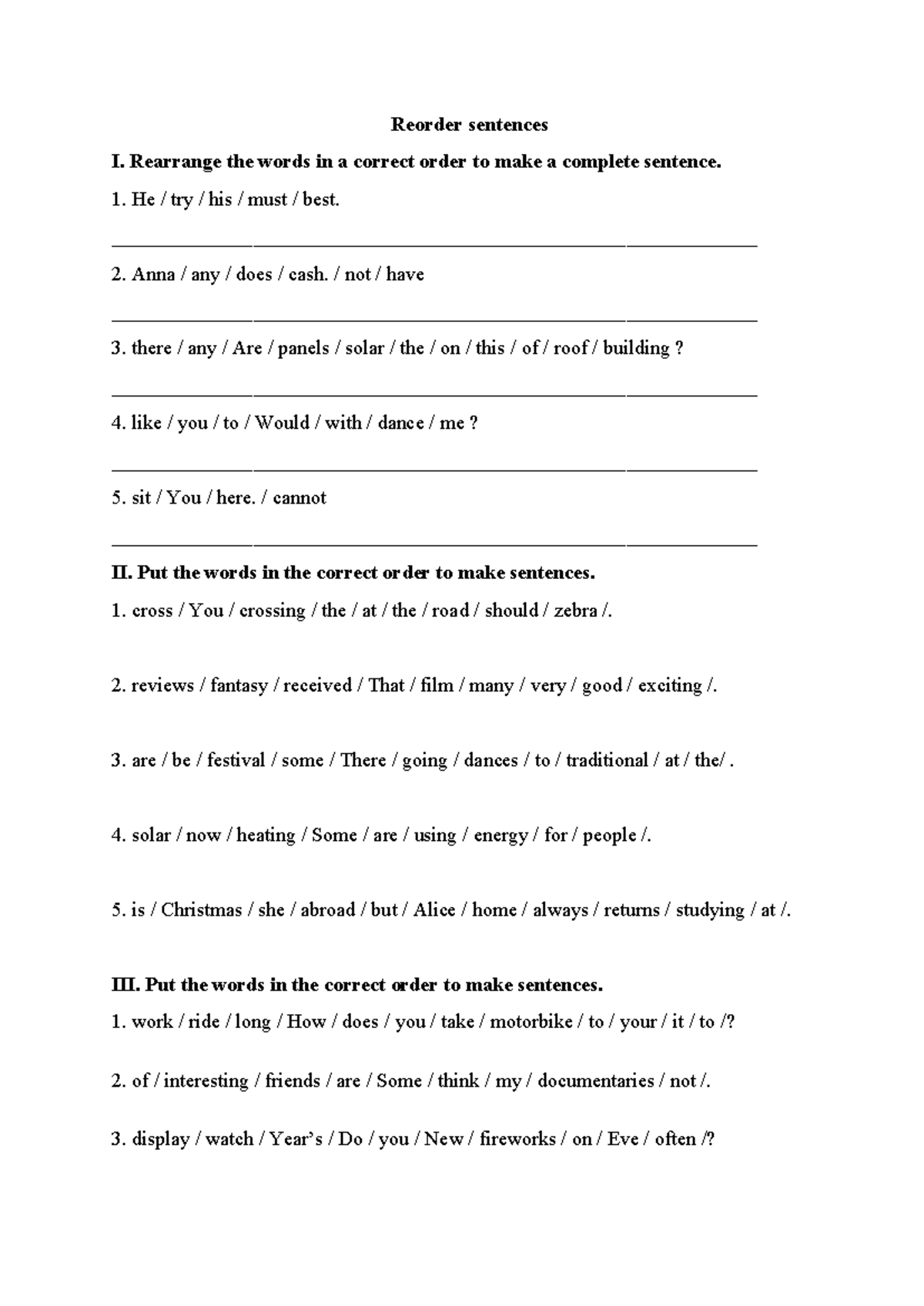 Reorder Sentences Exercise: Correct Sentence Formation - Studocu