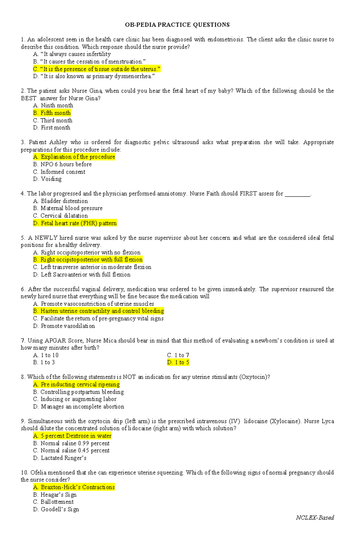 OB-P 101: Comprehensive Practice Questions for Obstetrics Nursing - Studocu