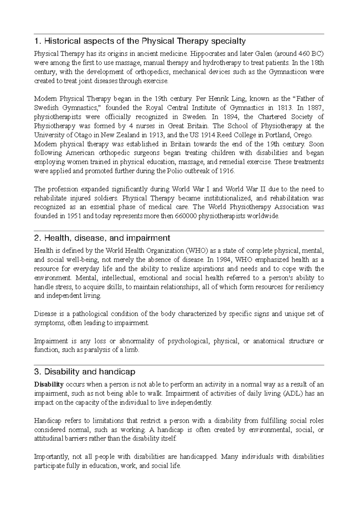 Intro to Speciality: Historical Aspects of Physical Therapy - Midterm ...