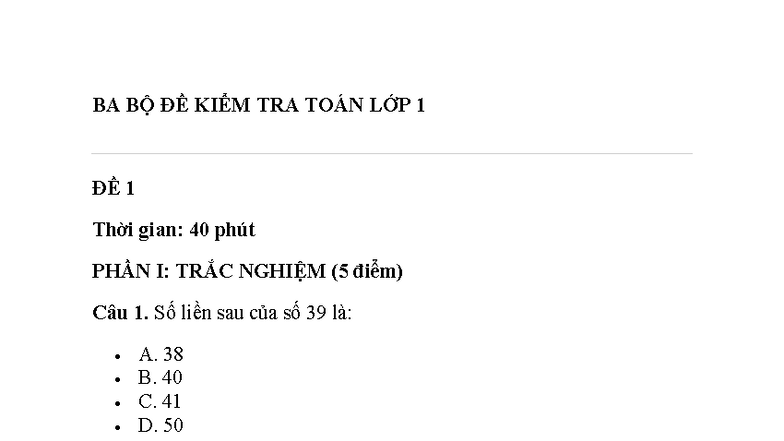 ĐỀ KIỂM TRA TOÁN LỚP 1 NÂNG CAO - BA BỘ ĐỀ KIỂM TRA - Studocu