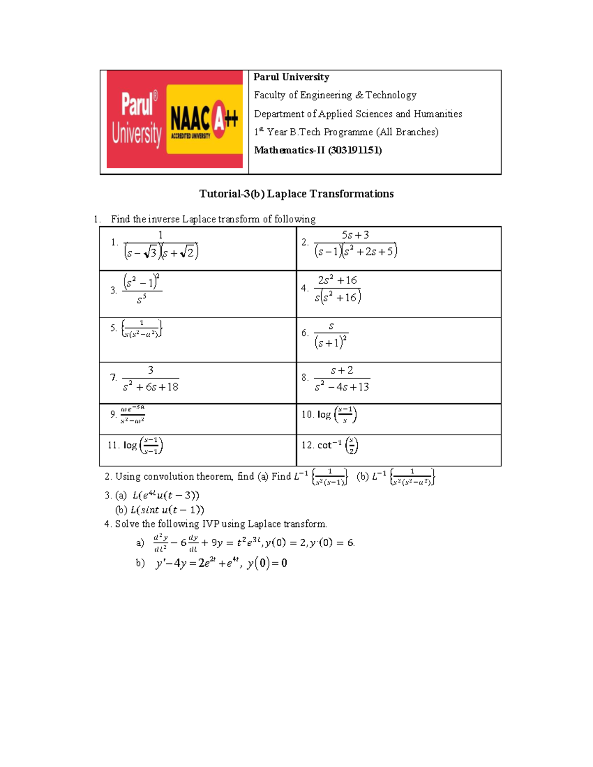Laplace Transformations Tutorial 3(b) - B.Tech 1st Year (303191151 ...