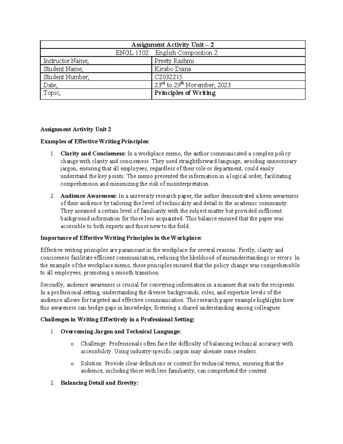ENGL 1102 Assignment 2: Principles of Effective Writing Techniques ...