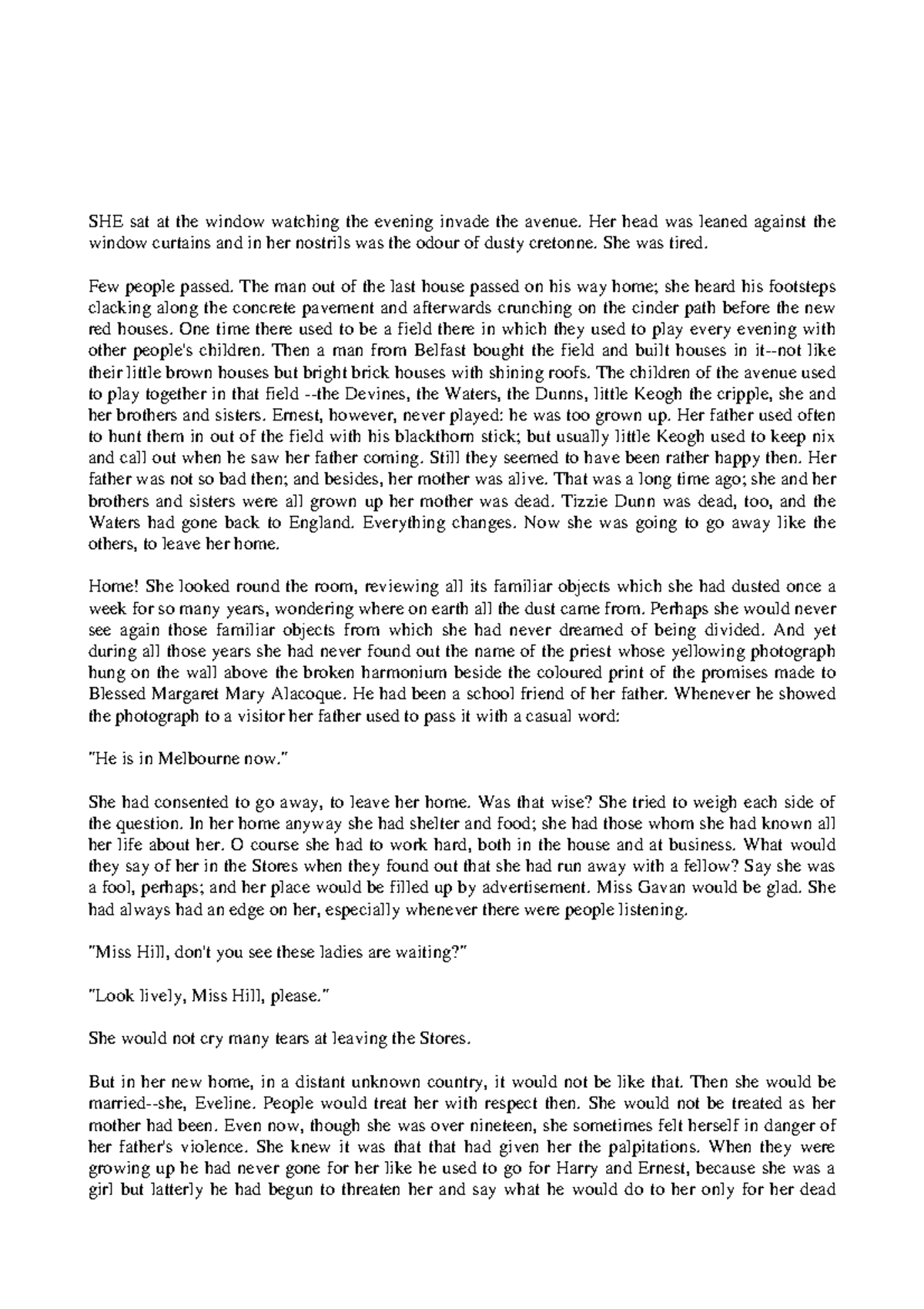 Eveline 241112 232637 - Summary and Analysis of Joyce's Story - Studocu