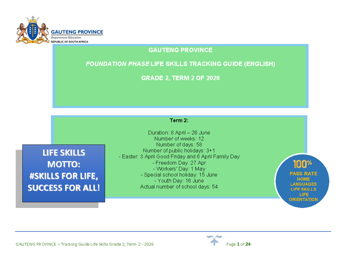 GAUTENG PROVINCE Life Skills Tracking Guide Grade 2 Term 2 2026 - Studocu