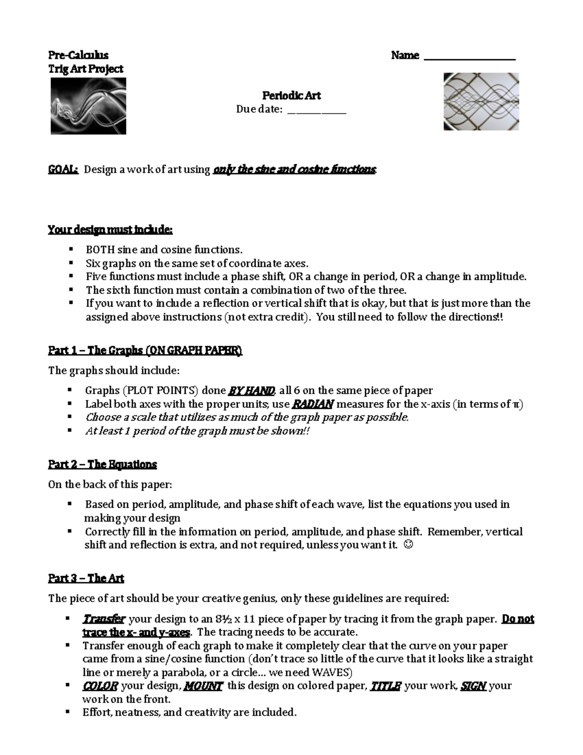 Trig art project - Pre-Calculus Name ______________________ Trig Art ...