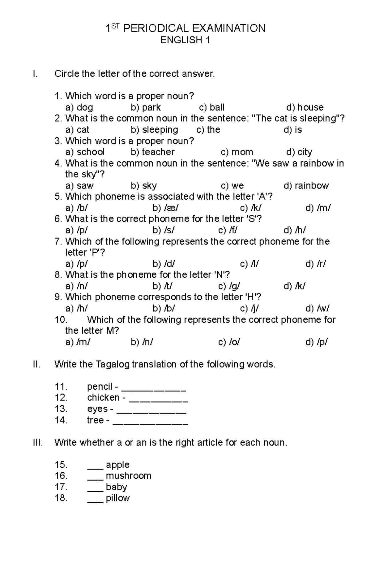 English-1-EXAM - English grade 1 - 1 ST PERIODICAL EXAMINATION ENGLISH ...