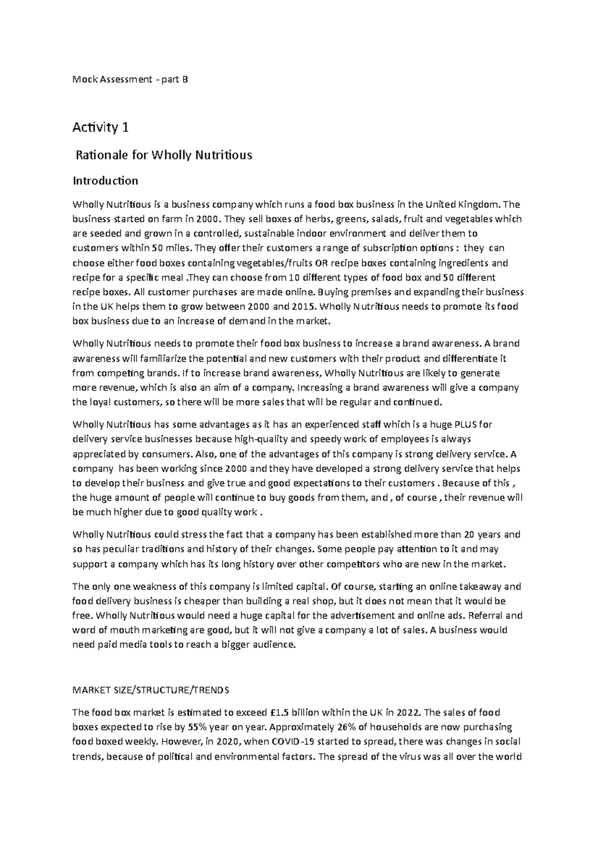 Mock Assessment (Part B): Wholly Nutritious Business Analysis ...