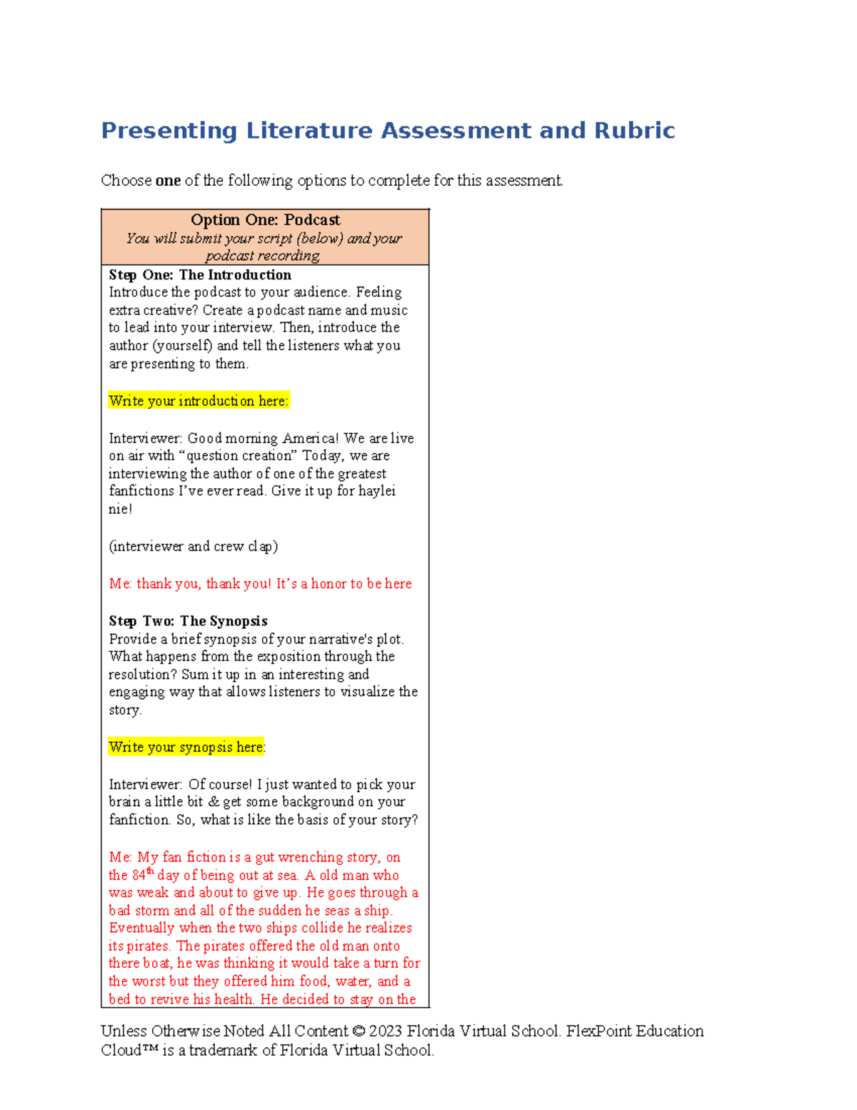 Presenting literature assessment rubric - Presenting Literature ...