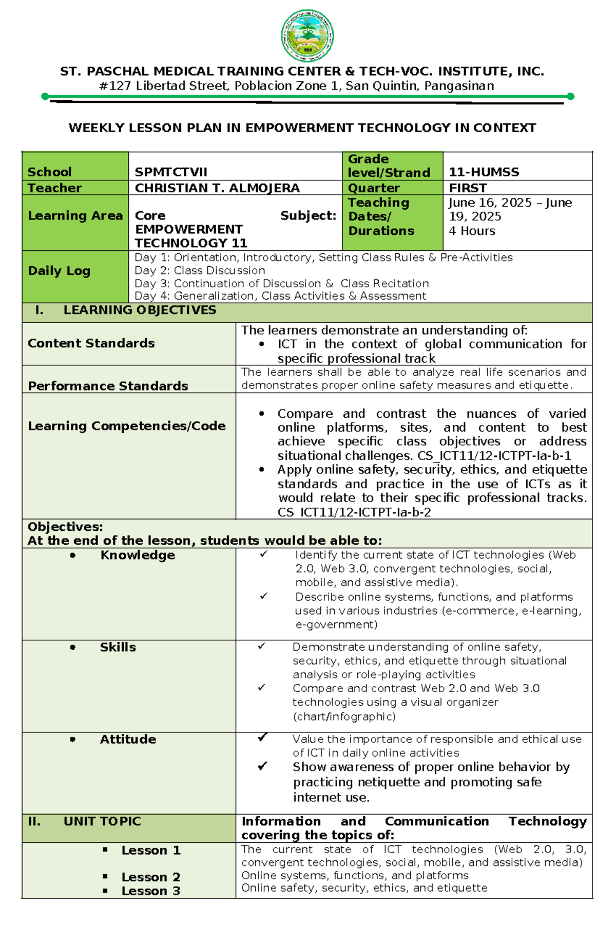 WEEKLY LESSON PLAN: EMPOWERMENT TECHNOLOGY 11 SPMTCTVII - Studocu