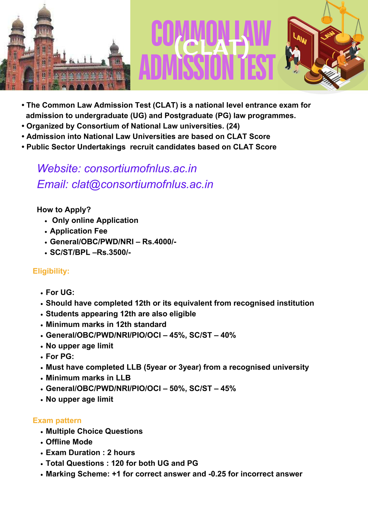 CLAT 2024: Common Law Admission Test Overview and Details - Studocu