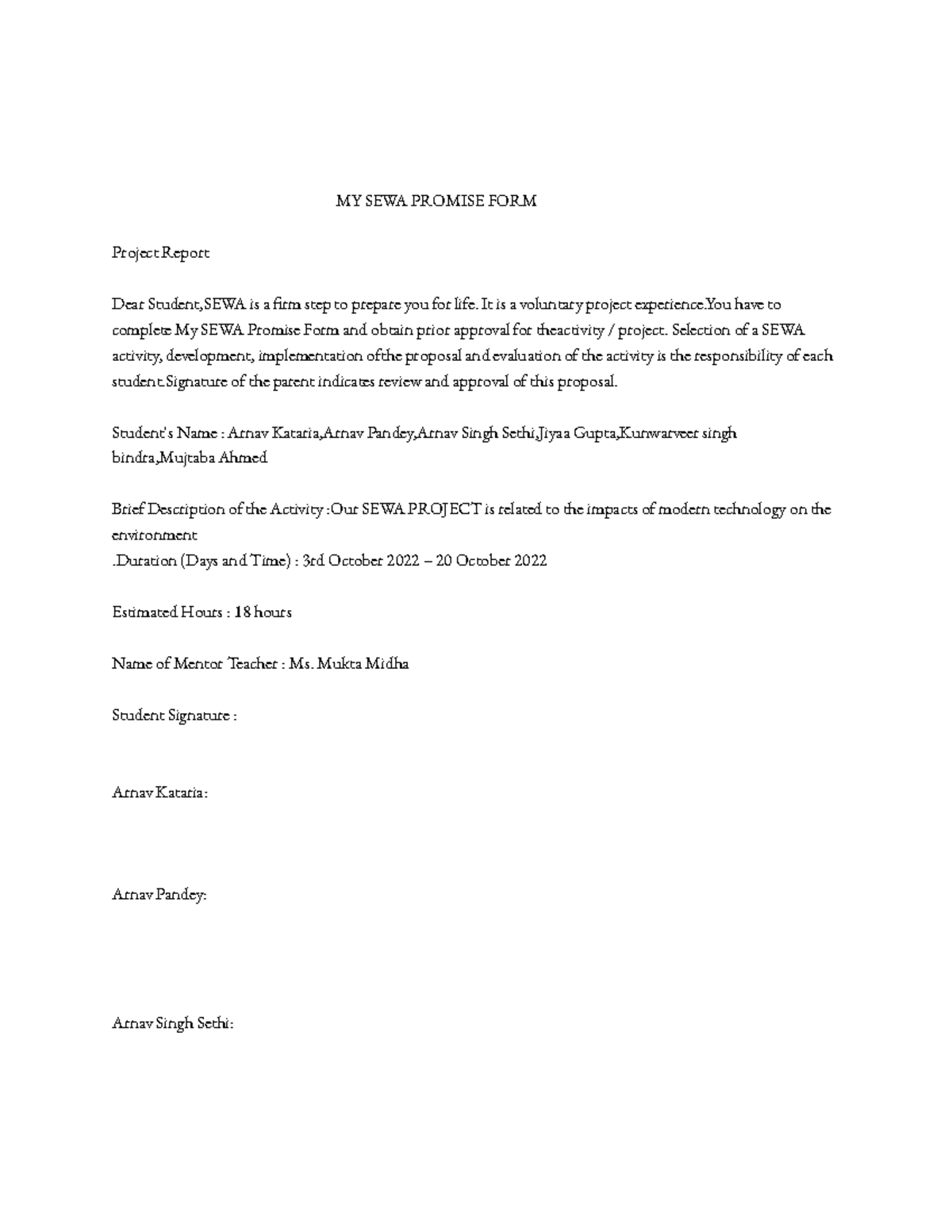 SEWA Project Report: My SEWA Promise Form Overview - Studocu