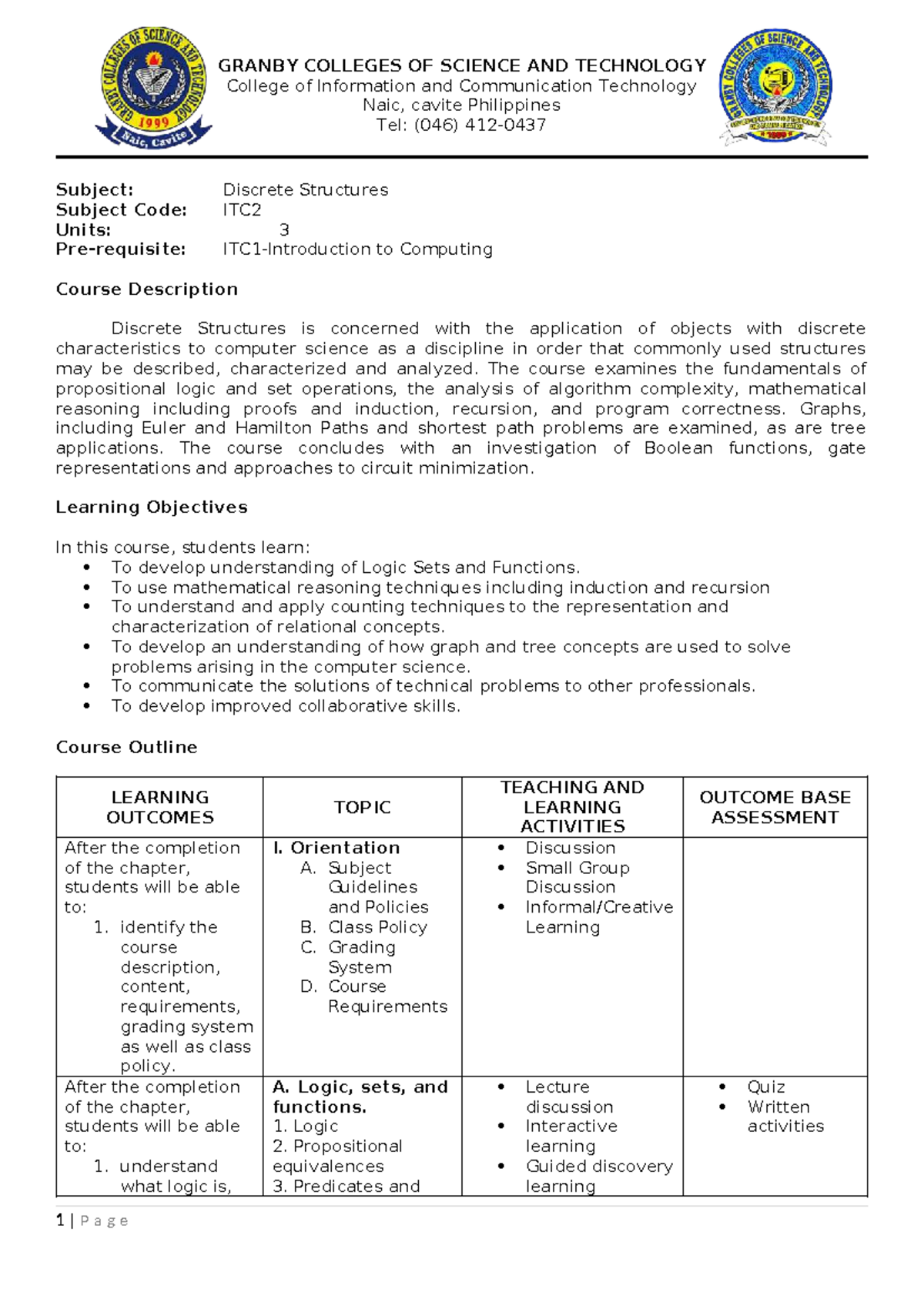 Discrete Structures ITC2 - Course Syllabus and Learning Outcomes - Studocu