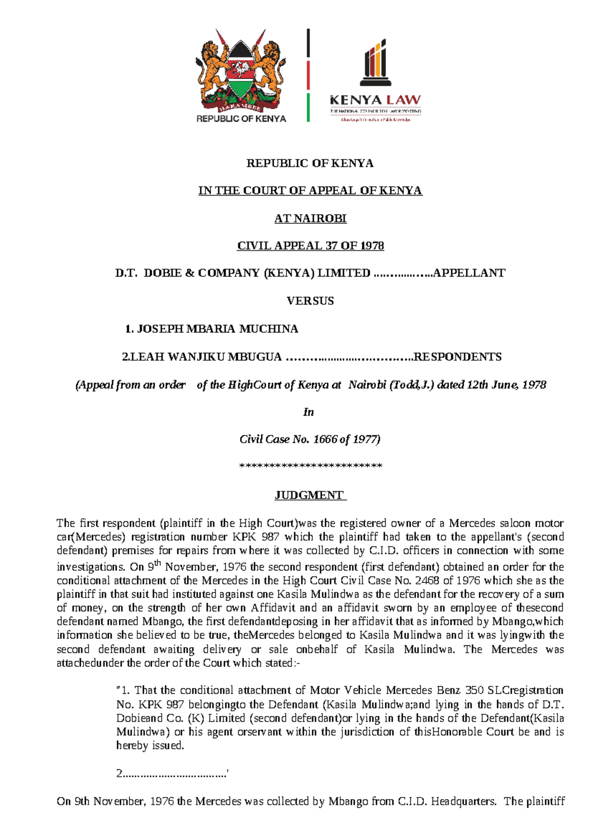 DT Dobie Company (K) Ltd v Joseph Mbaria Muchina [Civil Appeal 37/78 ...