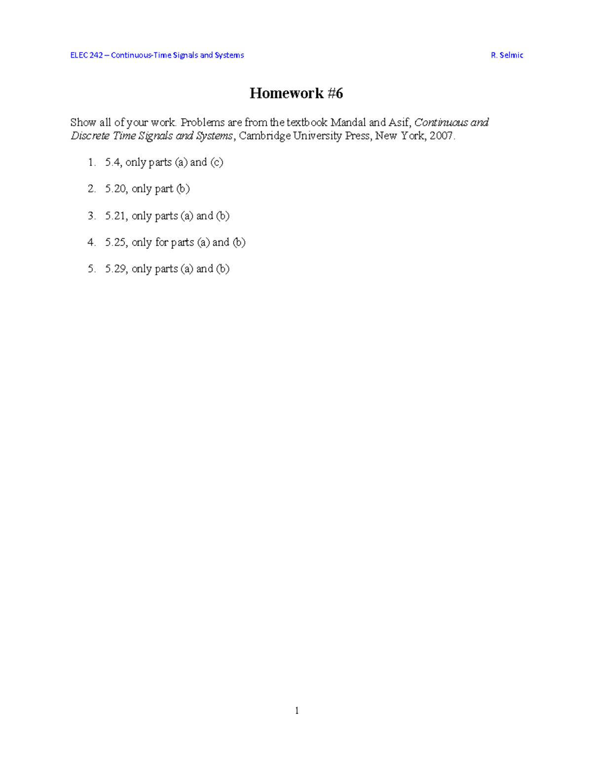 ELEC 242 Homework 6 - answer to assignemnt 6 - ELEC242 - ELEC 242 ...