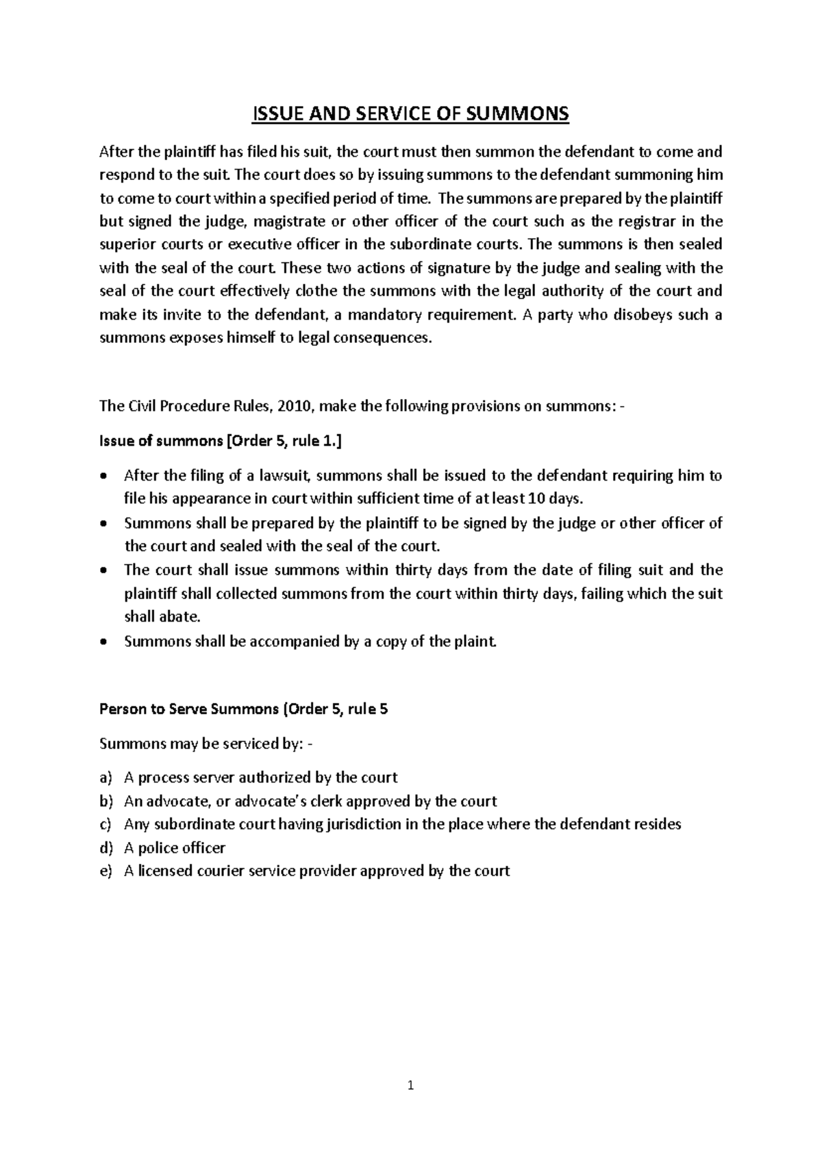 04 Civil Procedure: Service of Summons - Revision Notes - Studocu