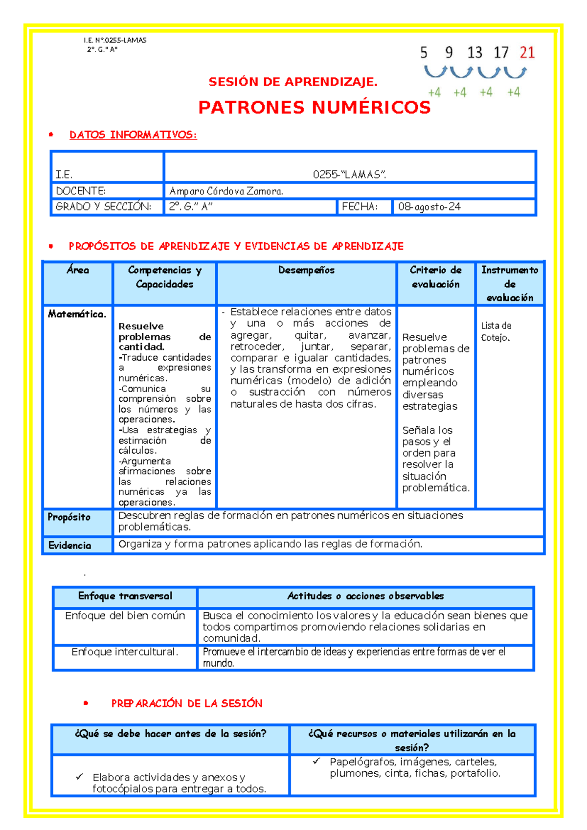 Patrones Numéricos en Matemáticas - 2°. G.” A” - Sesión de Aprendizaje ...