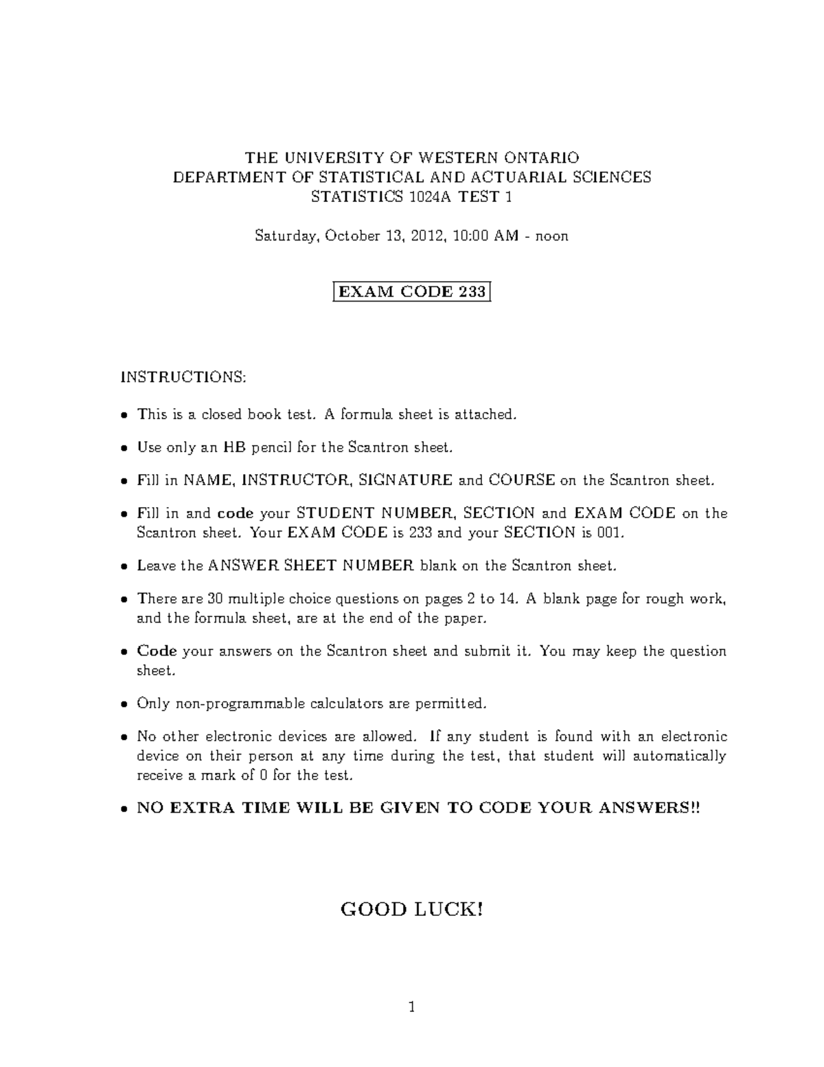 Statistics 1024A Test 1 Sample Questions (Oct 13, 2012) - Studocu