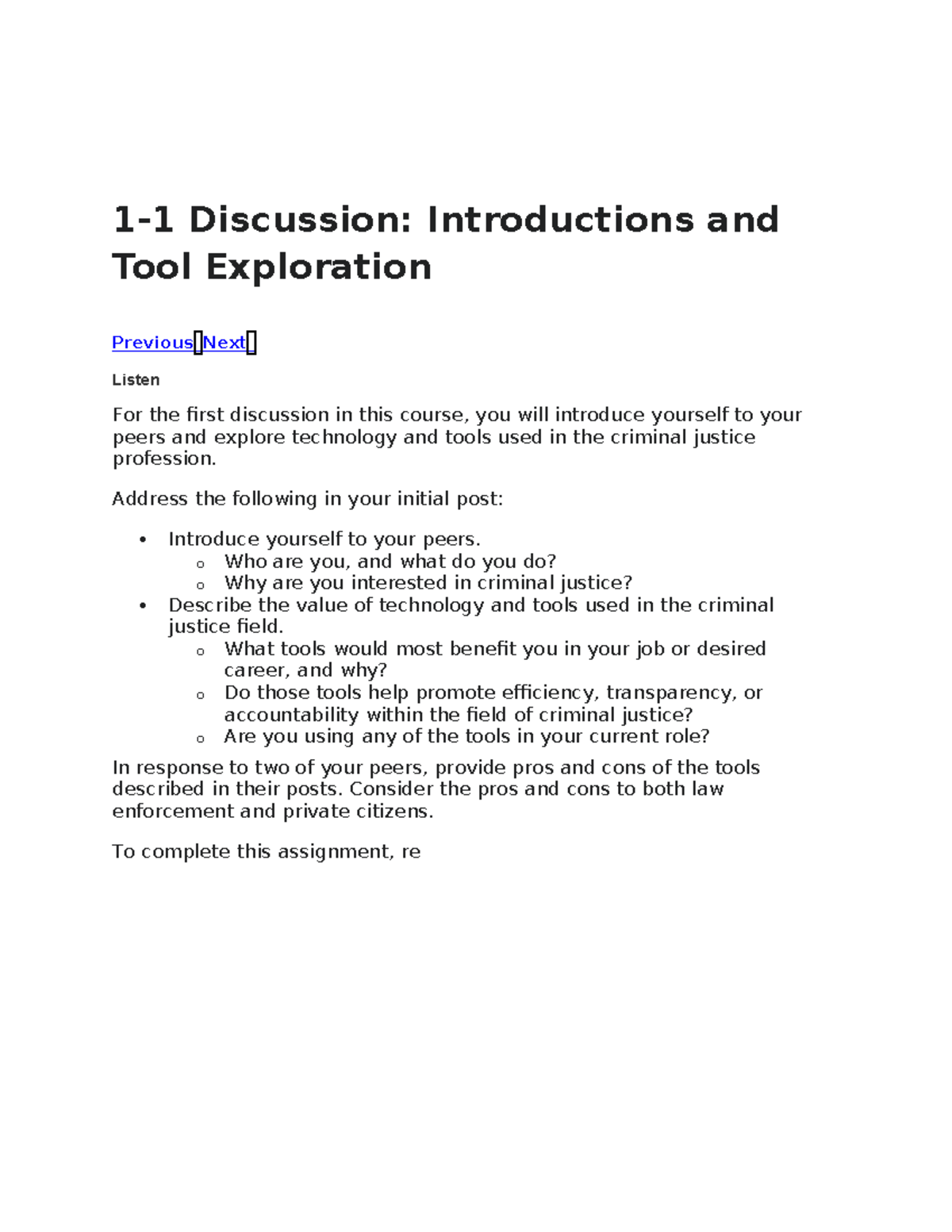 CJ 101 - 1-1 Discussion: Introductions & Tool Exploration - Studocu