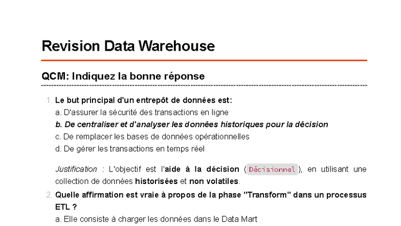 Révision QCM Data Warehouse - Concepts Clés et Modèles - Studocu