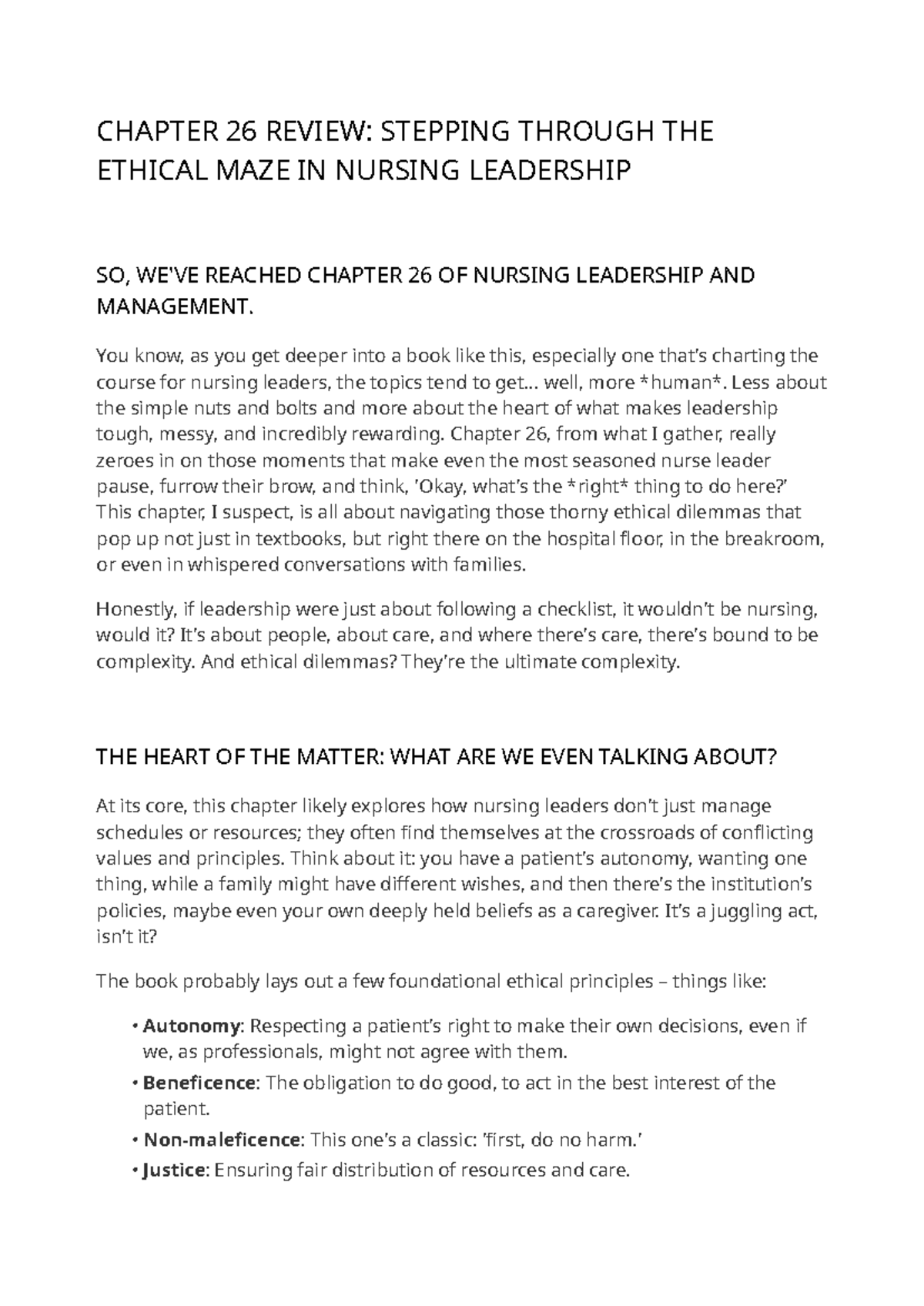 NURSING LEADERSHIP CHAPTER 26: NAVIGATING ETHICAL DILEMMAS - Studocu
