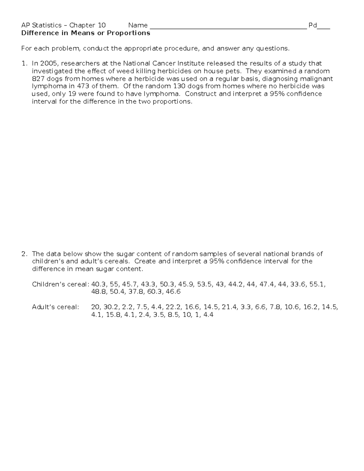 AP Statistics Chapter 10: Difference in Means & Proportions Review ...