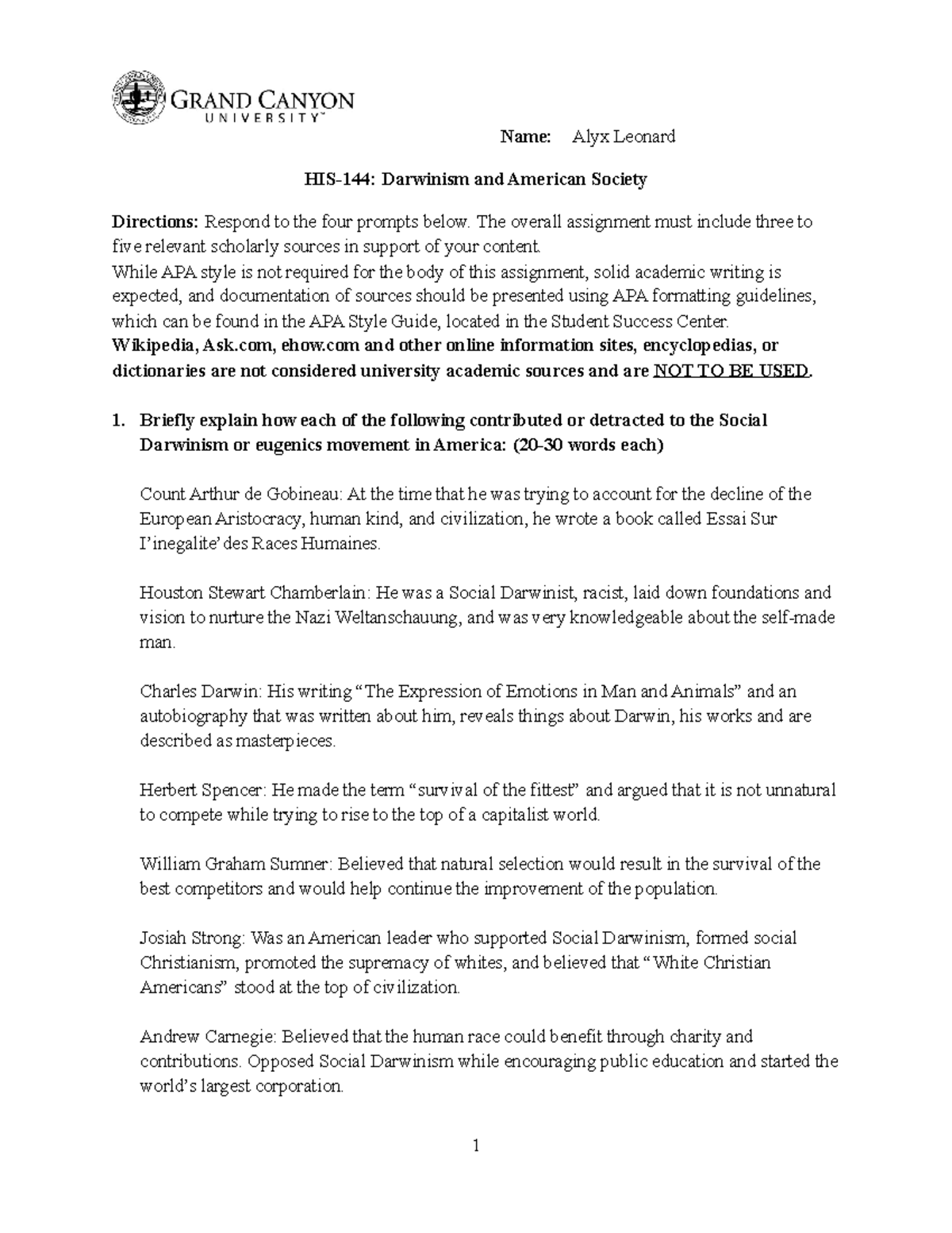 Darwinism and American Society Worksheet - Name: Alyx Leonard HIS-144 ...