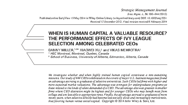 When is Human Capital a Valuable Resource? Performance Effects of Ivy ...