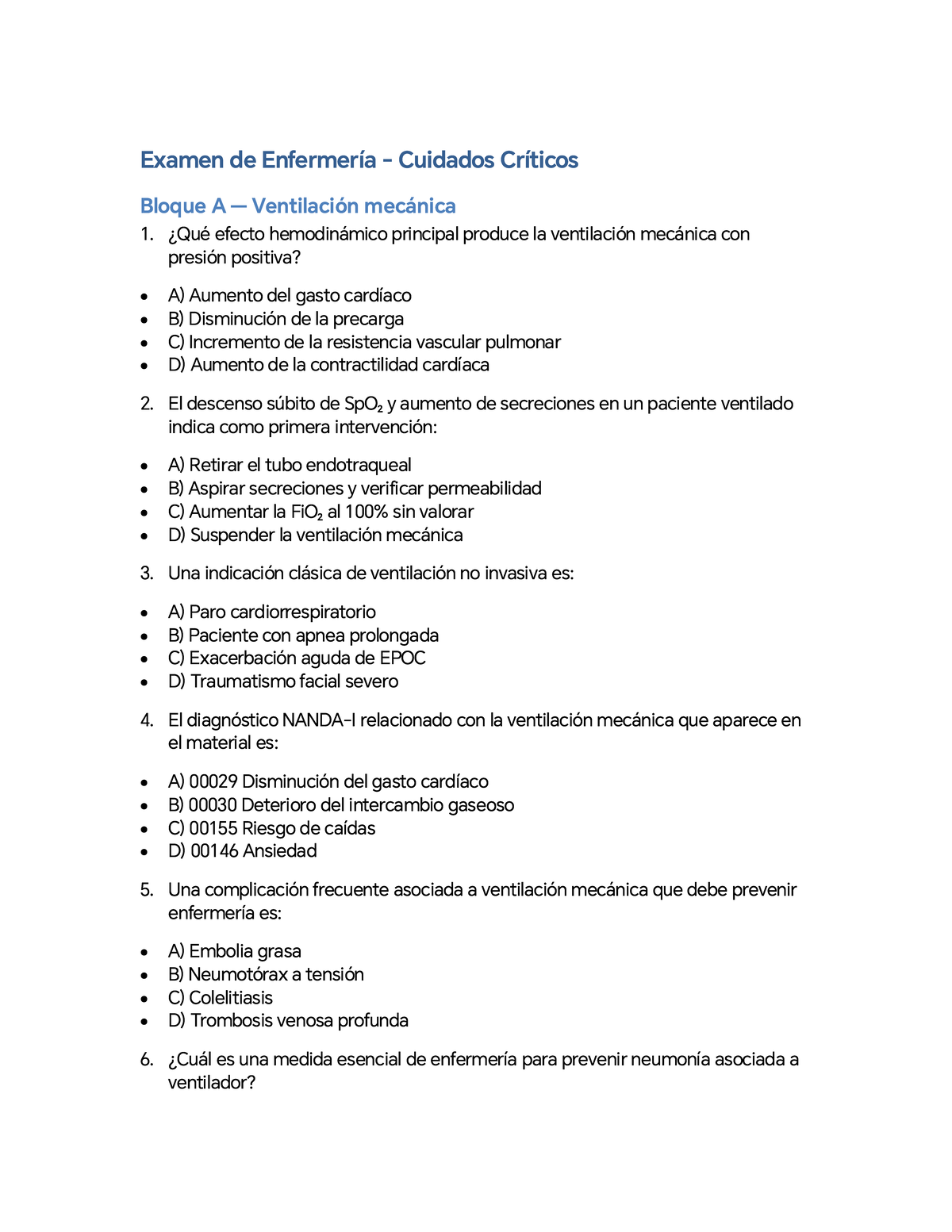 Examen Final Enfermería Cuidados Críticos: Ventilación Mecánica y Shock ...