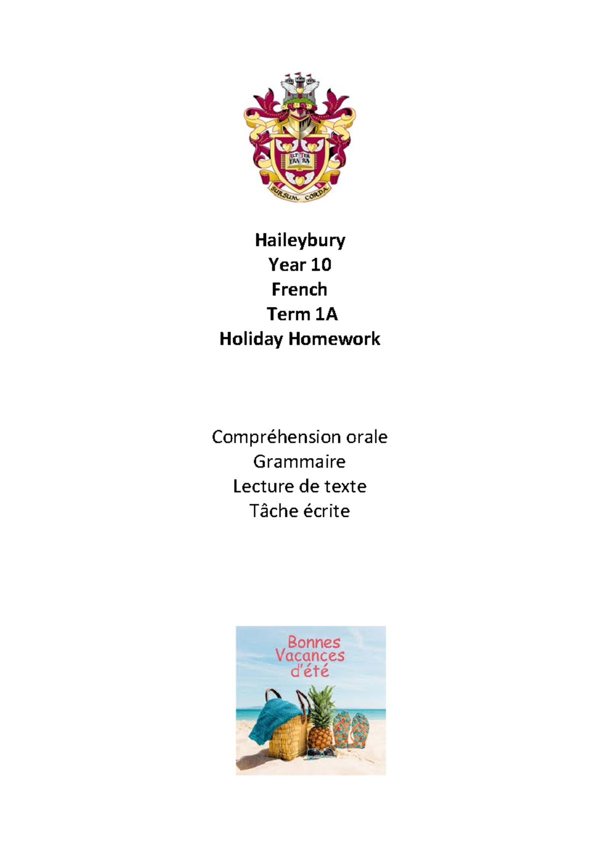 French Year 10 Holiday Homework (Term 1A) - HW 77 - Studocu