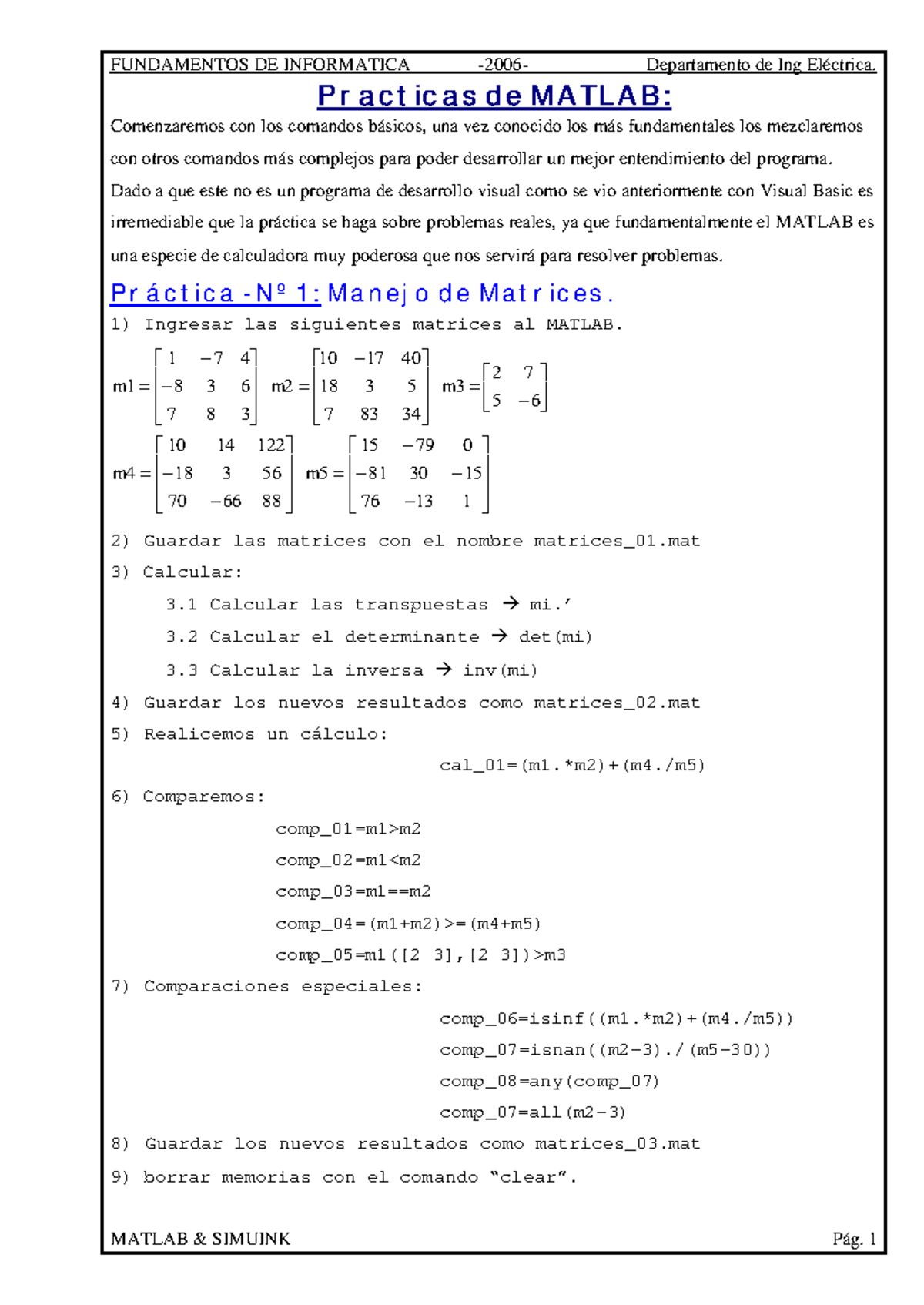 Práctica de MATLAB y Simulink: Fundamentos de Informática - Ing. Eléctrica - Studocu
