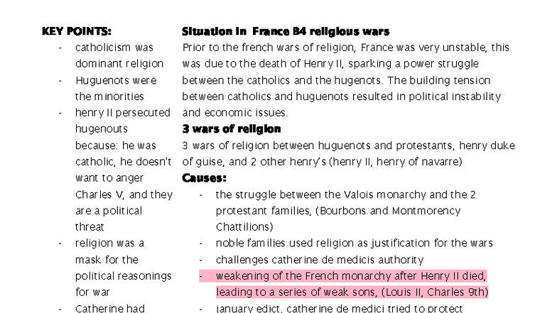 Cornell Notes: CH12 DQ's on Catholicism & French Wars of Religion - Studocu