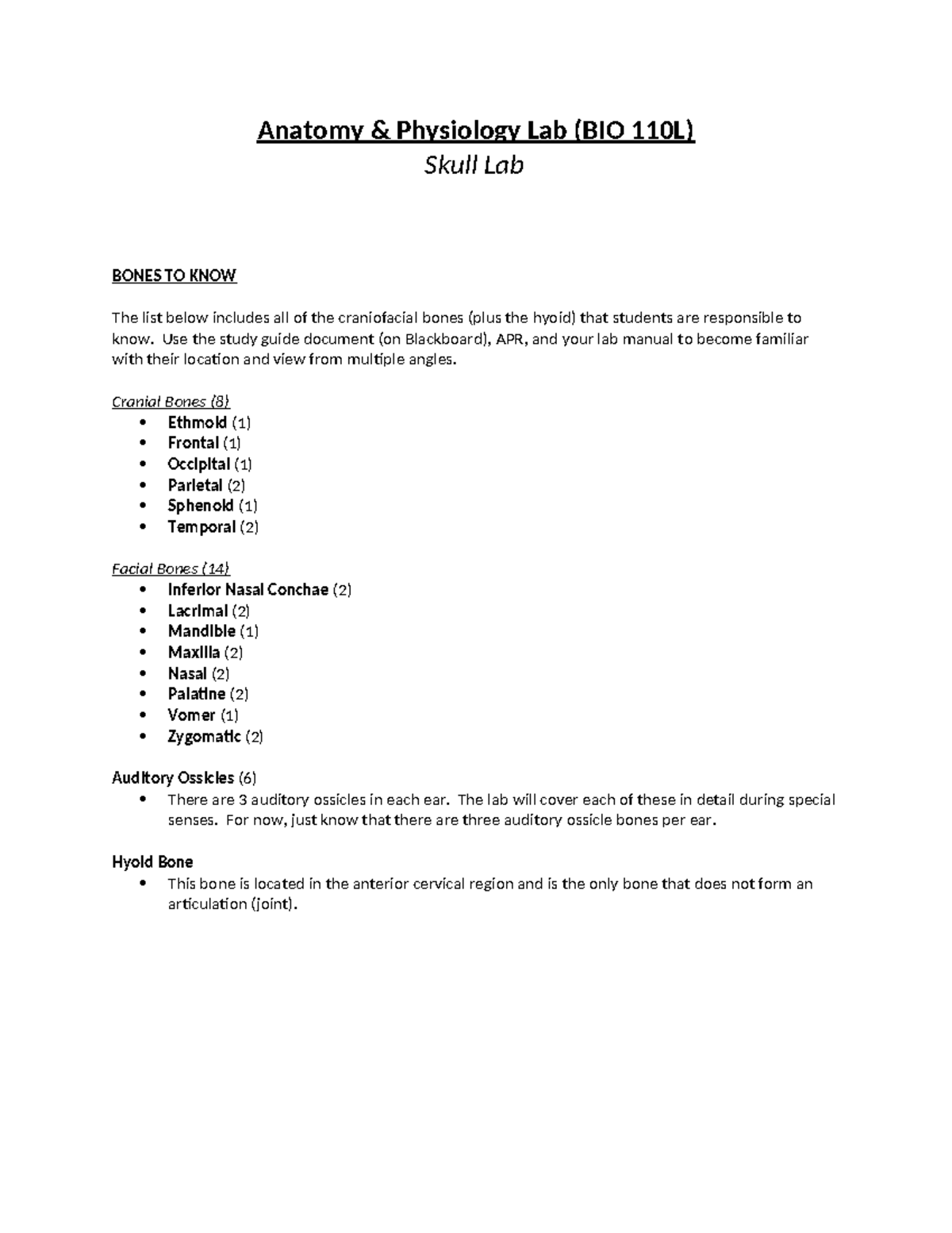 Skull Lab Study Guide: Anatomy & Physiology (BIO 110L) Essentials - Studocu