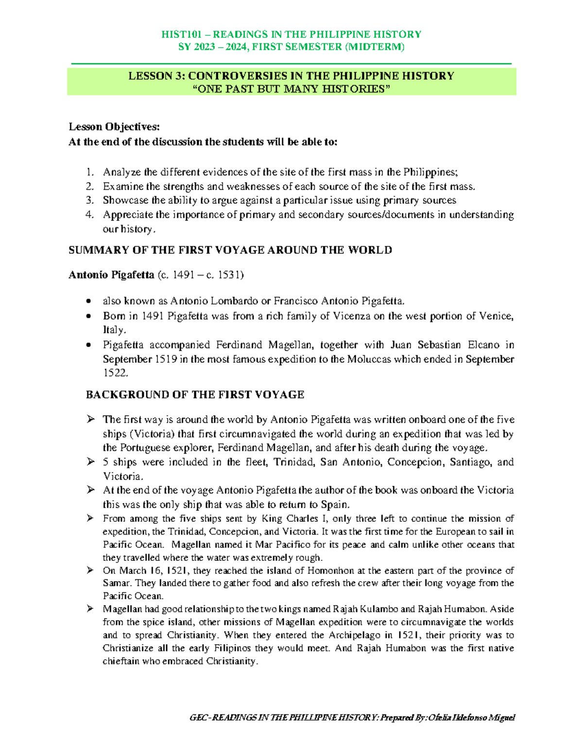 HIST101 - RIPH Final Handout - SY 2023 – 2024, FIRST SEMESTER (MIDTERM) - Studocu