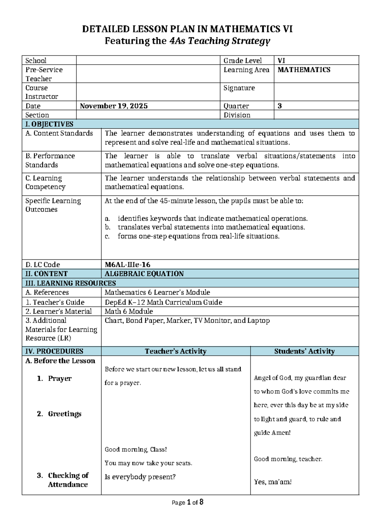 Math 6 Detailed Lesson Plan: 4As Teaching Strategy on Equations - Studocu