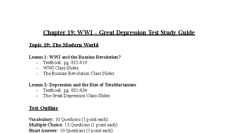 Chapter 19 WWI - Great Depression Study Guide - Chapter 19: WWI – Great ...