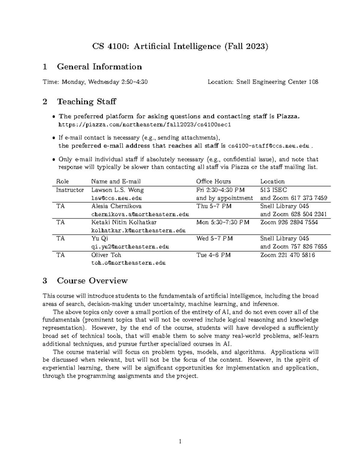 CS 4100: Artificial Intelligence Syllabus (Fall 2023) - Studocu