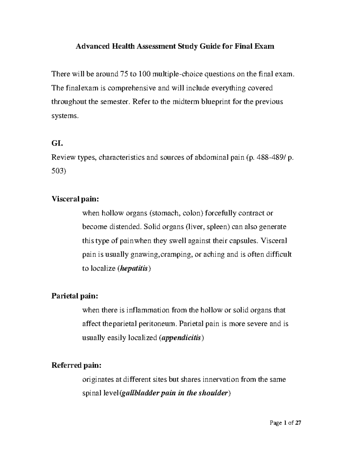 Advanced Health Assessment AH-550 Final Exam Study Guide - Studocu