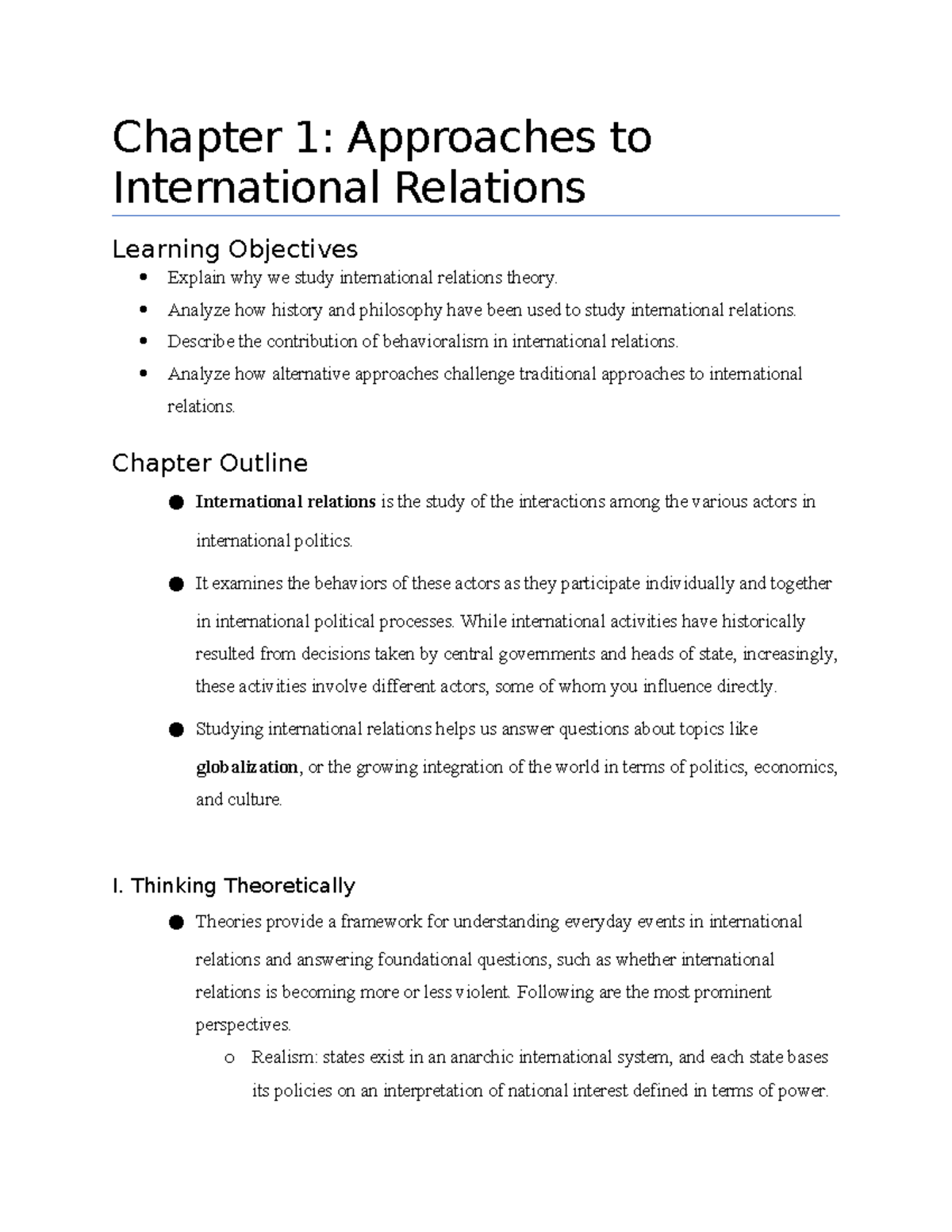 Chapter 1: Approaches to Int'l Relations - Learning Objectives ...