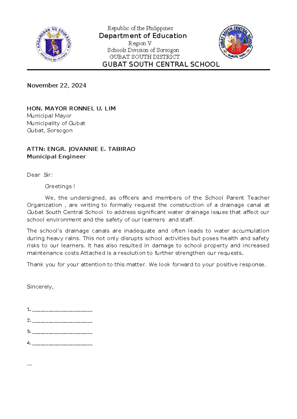 Letter to LGU Requesting Drainage Canal Construction at Gubat South ...